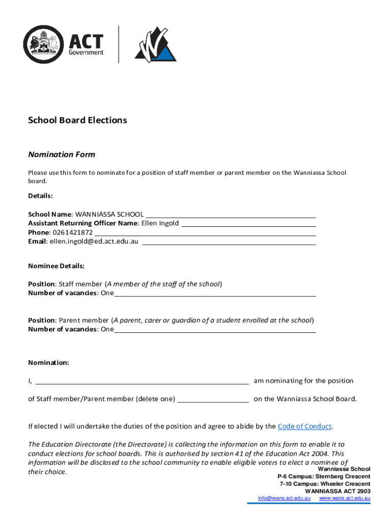 Fillable Online Wanniassa School Board Nomination Fax Email Print ...