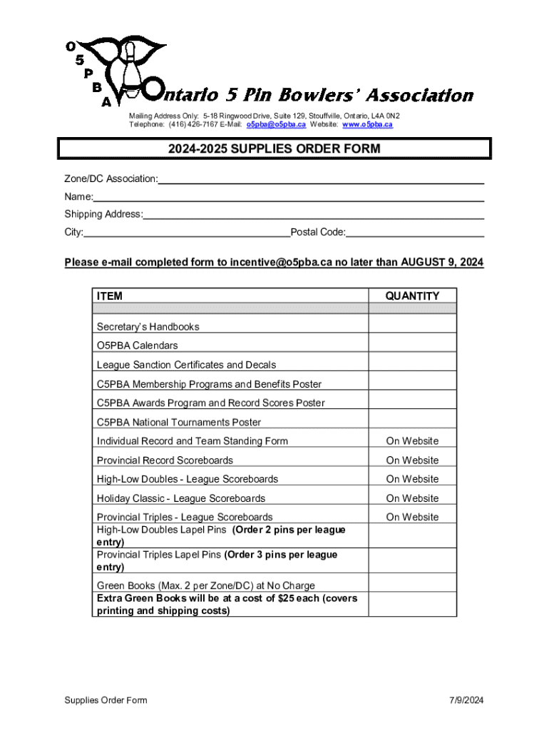 Fillable Online 2024-2025 SUPPLIES ORDER FORM Fax Email Print - pdfFiller