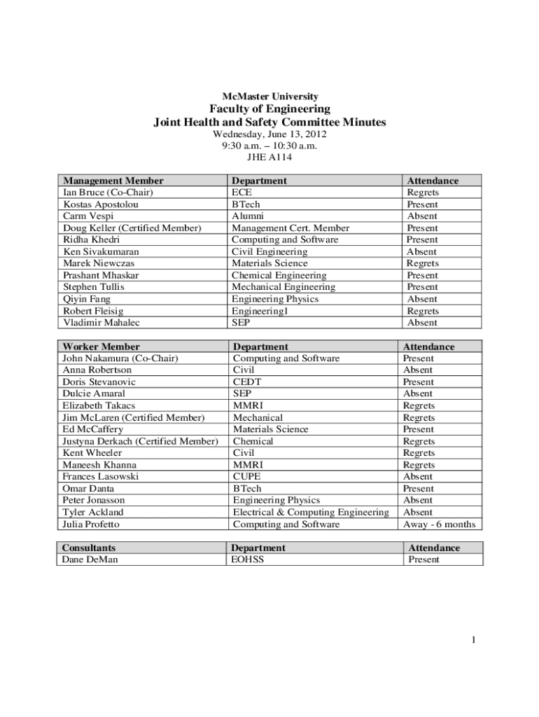 Fillable Online Joint Health and Safety Committee Minutes - June 13 ...