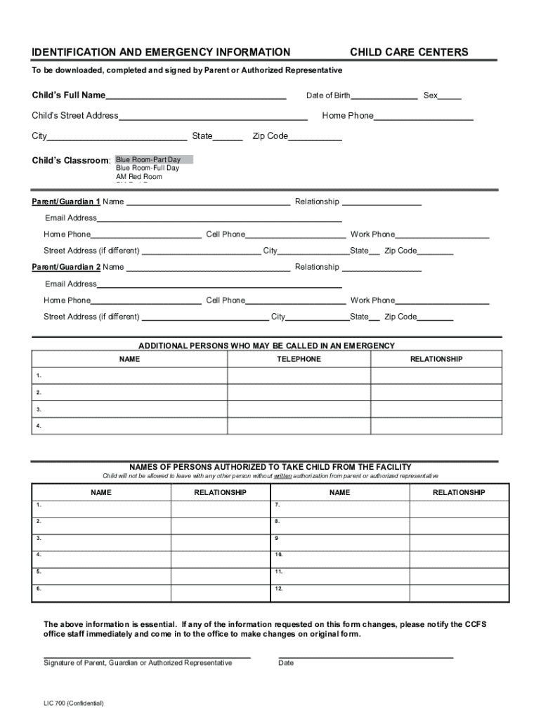 Fillable Online Identification and Emergency Information for Child Care ...