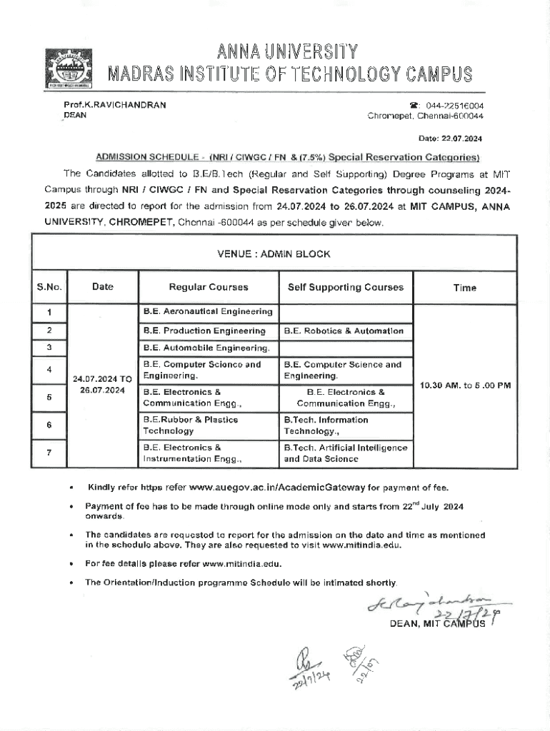 Fillable Online Anna University Admissions 2024 - Guidelines for Nri ...