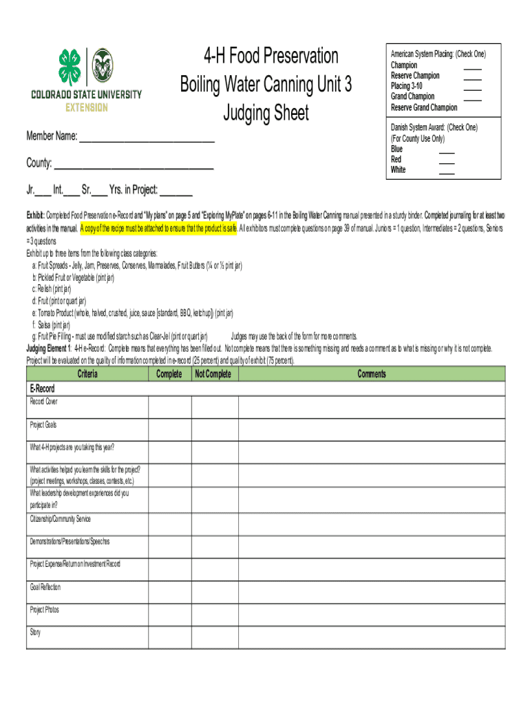 Fillable Online 4-H Food Preservation Boiling Water Canning Unit 3 Judging Sheet Fax Email Print ...