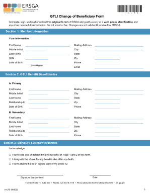 Fillable Online Group Term Life Insurance (gtli) Change of Beneficiary ...