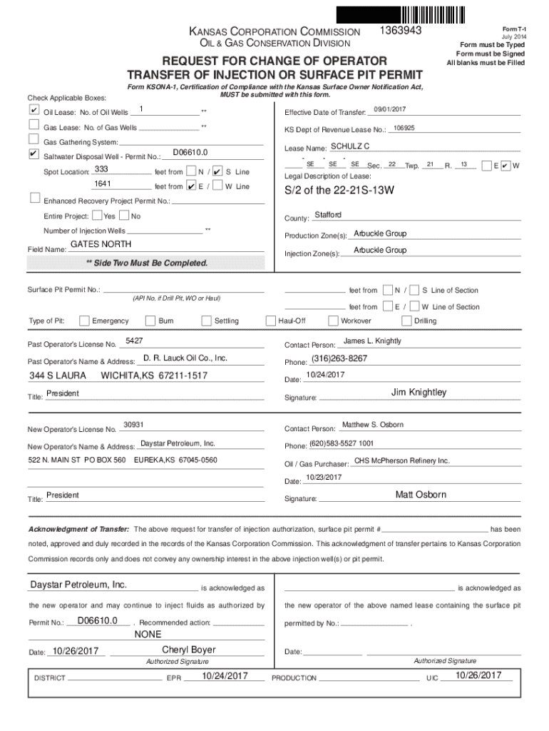 Fillable Online Request for Change of Operator Transfer of Injection or ...