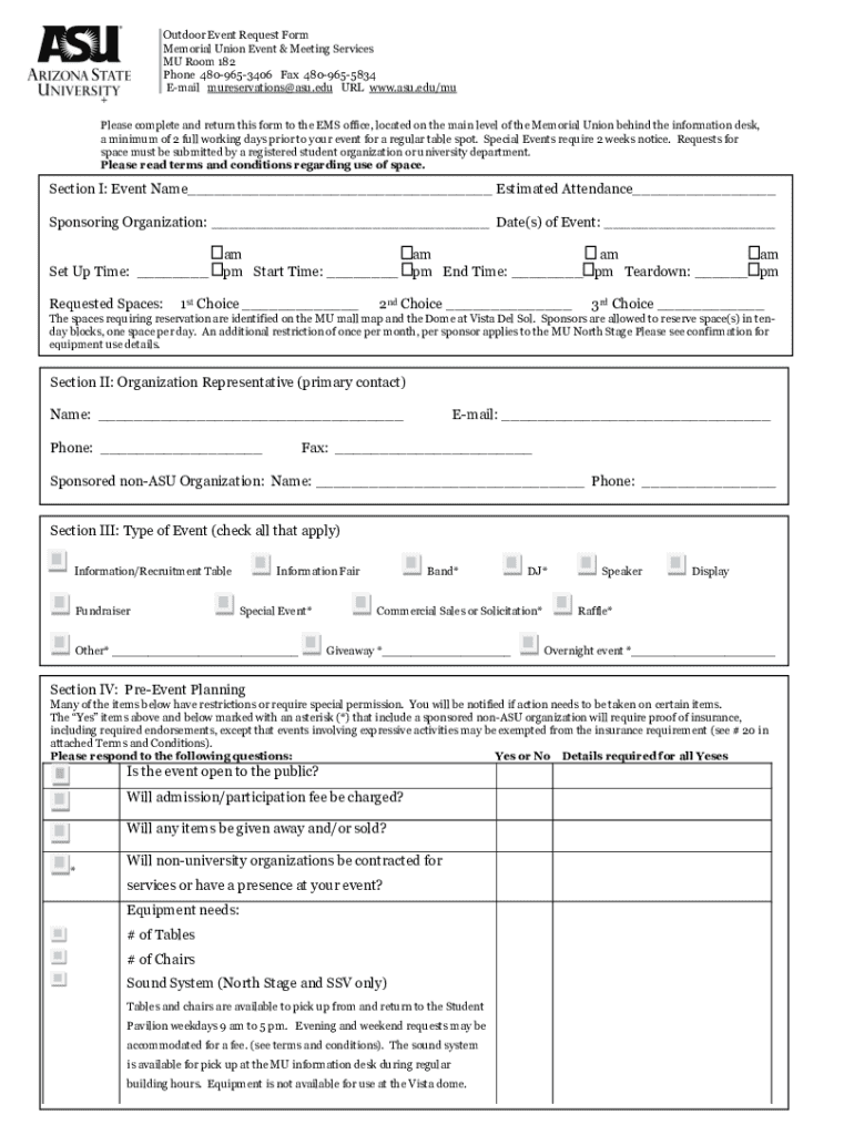 Fillable Online Outdoor Event Request Form - Memorial Union Fax Email ...