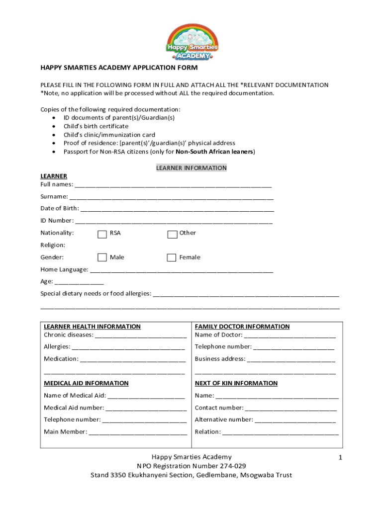 Fillable Online Happy Smarties Academy Application Fax Email Print - pdfFiller