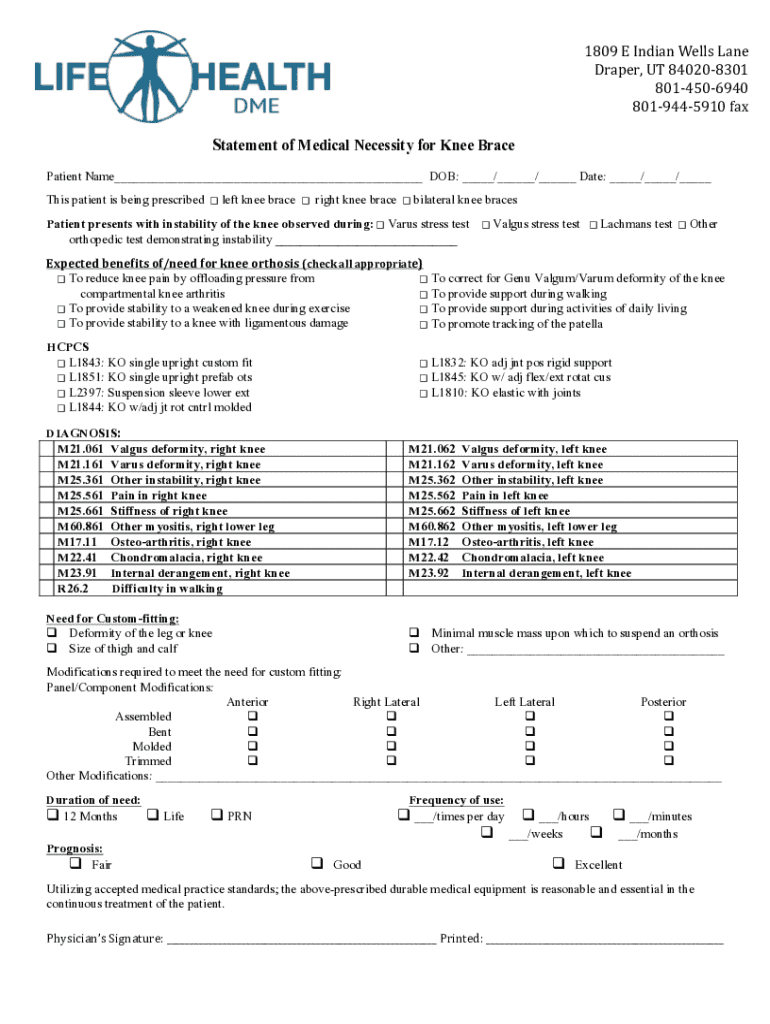 Fillable Online Statement of Medical Necessity for Knee Brace with ...