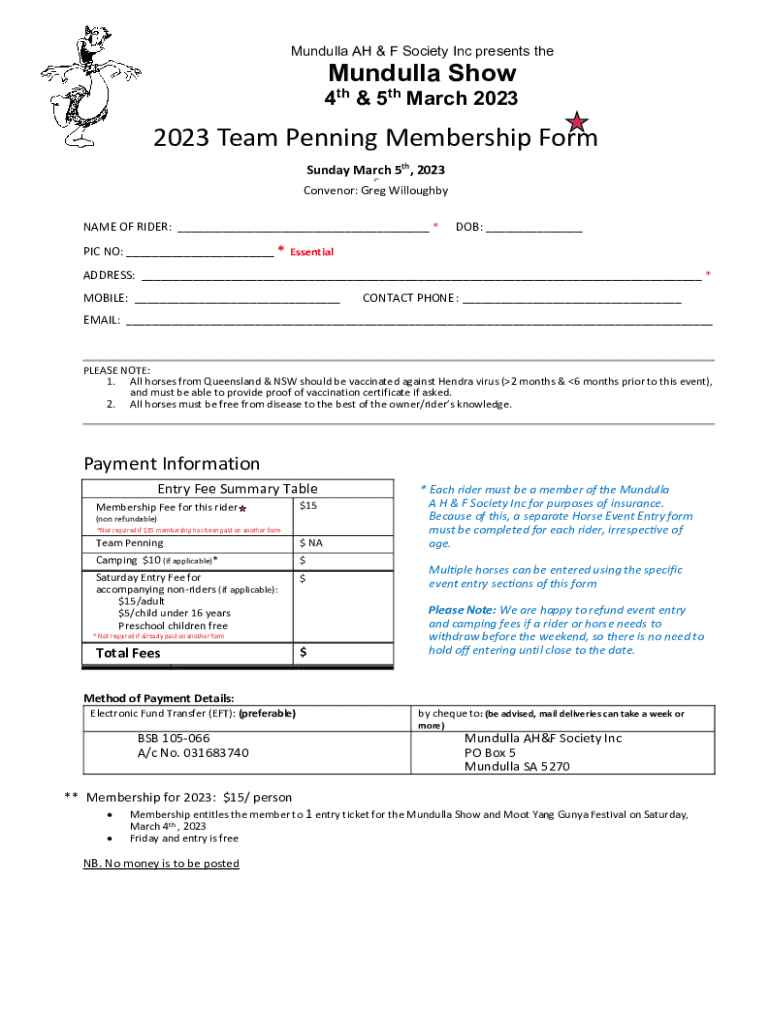 Fillable Online Mundulla Show Team Penning Membership Fax Email Print ...
