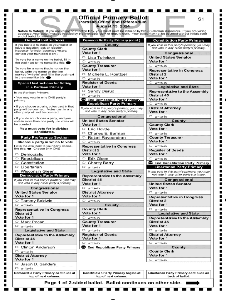 Fillable Online Official Primary Ballot for Partisan Office and ...