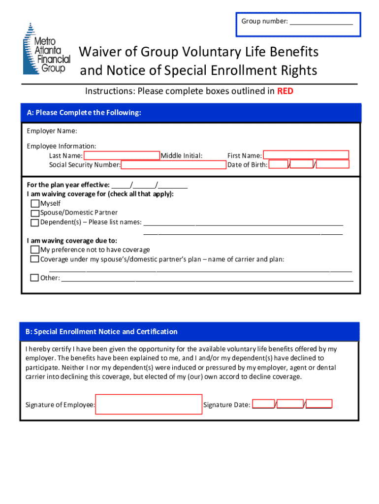 Fillable Online Waiver of Group Voluntary Life Benefits and Notice of ...