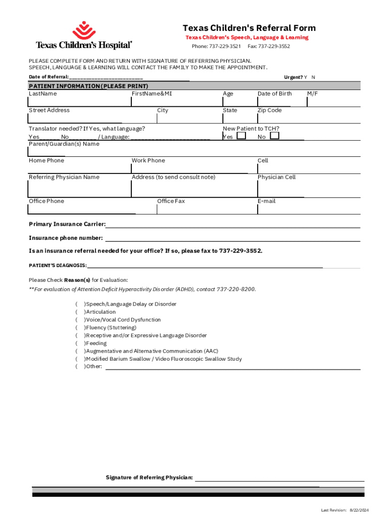 Fillable Online Texas Children\'s Referral Form Fax Email Print - pdfFiller