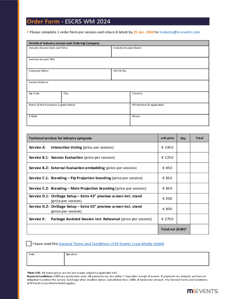 Fillable Online ORDER FORM Industry Session Extras Fax Email Print ...
