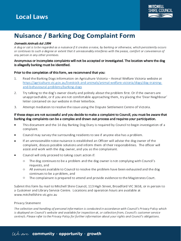 Fillable Online Local Laws Nuisance / Barking Dog Complaint Form Fax ...