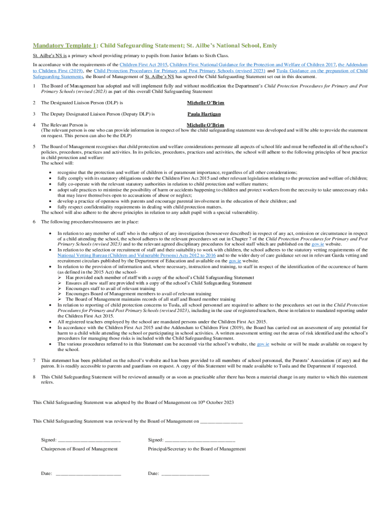 Fillable Online Child Safeguarding Statement for St. Ailbe's National ...