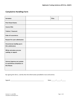 Fillable Online Highlands Training Solutions Complaints Handling Form ...