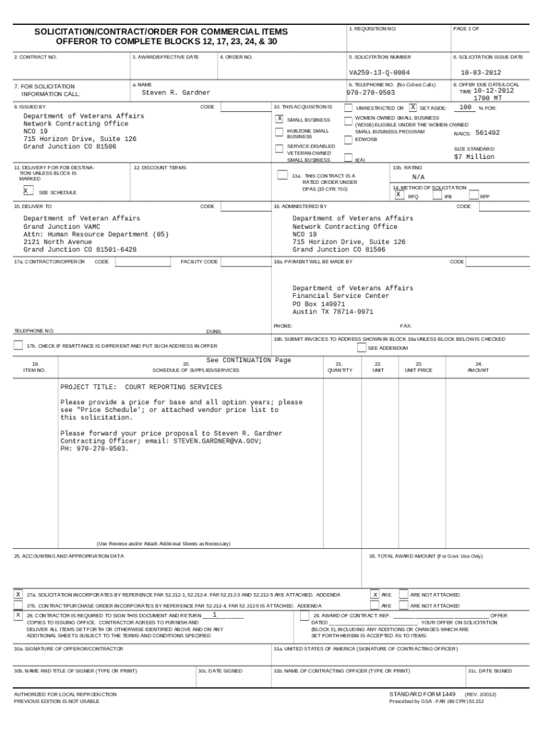 Sf 1449 Solicitation/contract/order for Commercial Items Doc Template ...