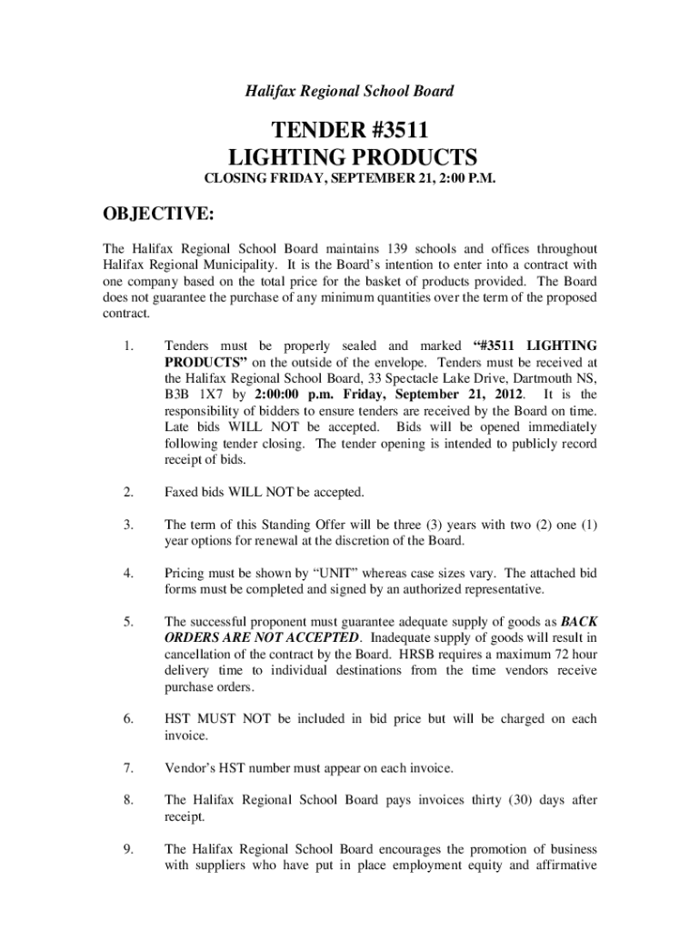 Fillable Online Halifax Regional School Board Tender #3511 for Lighting Products Fax Email Print ...