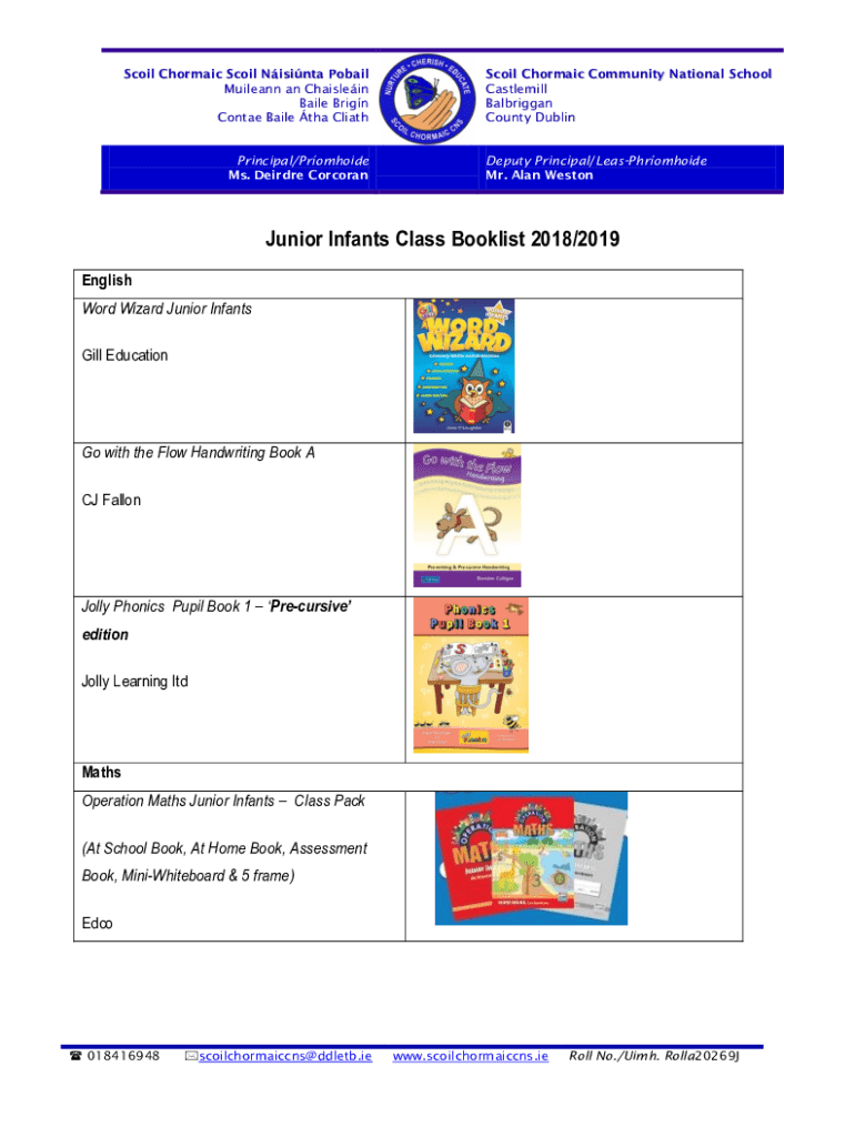 Fillable Online Scoil Chormaic Community National School - Junior Infants Class Booklist Fax ...