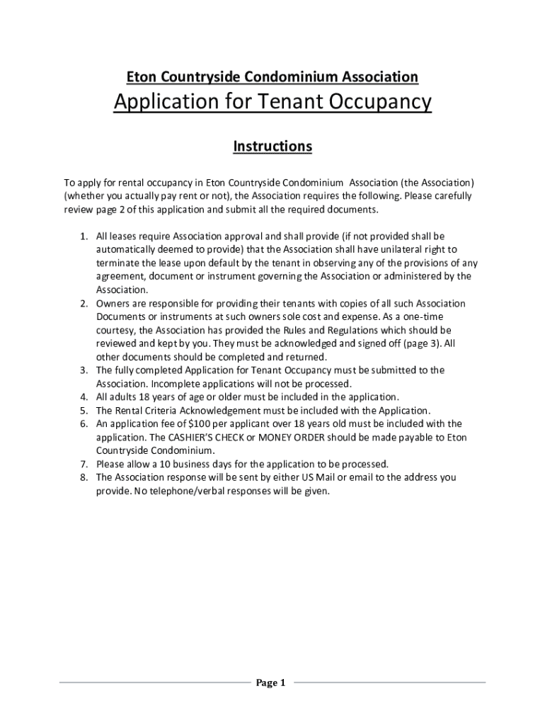Fillable Online Eton Countryside Condominium Association Tenant ...