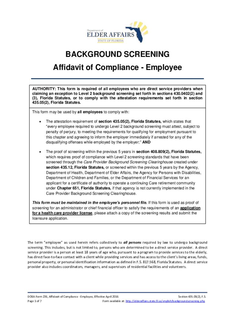 Fillable Online BACKGROUND SCREENING Affidavit of Compliance - Employee ...