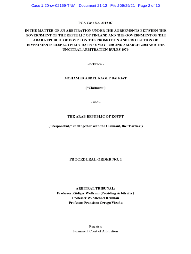 Fillable Online PROCEDURAL ORDER NO. 1 Case 1:20-cv-02169-TNM Document ...