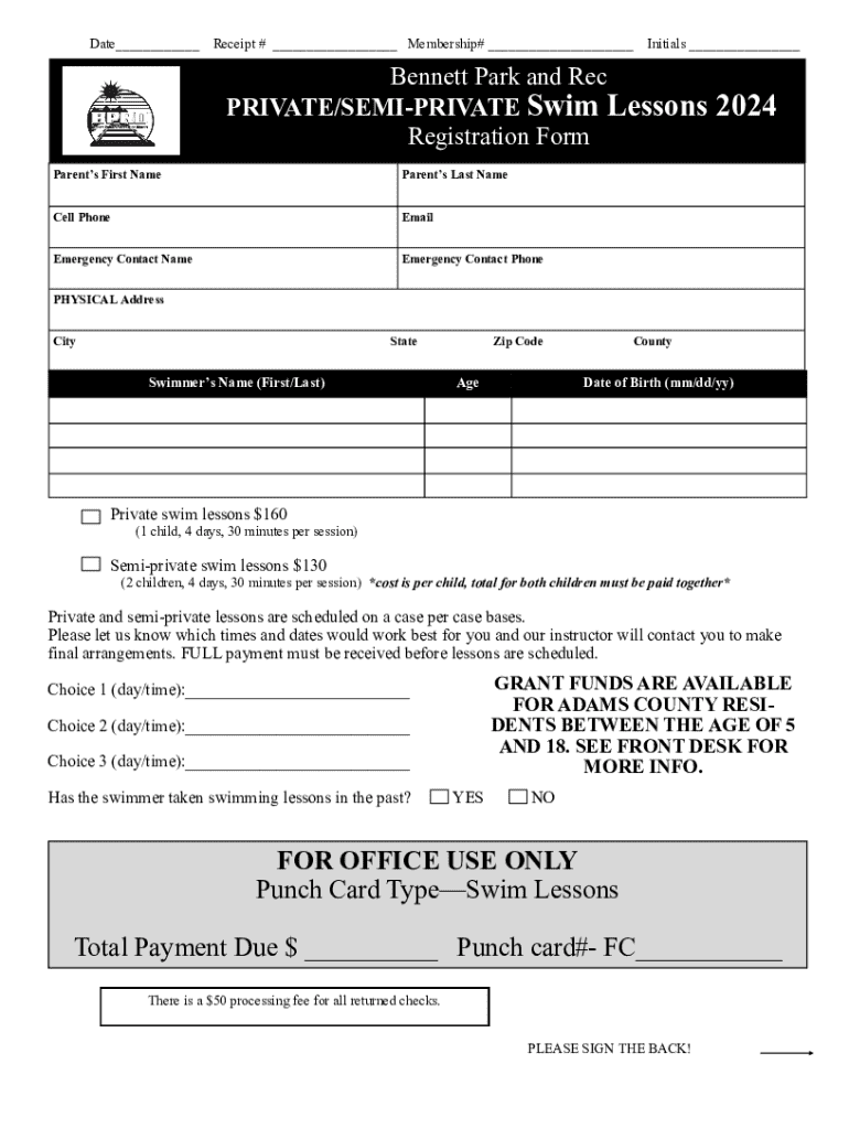 Fillable Online Bennett Park and Rec Private/semi-private Swim Lessons Registration Fax Email ...