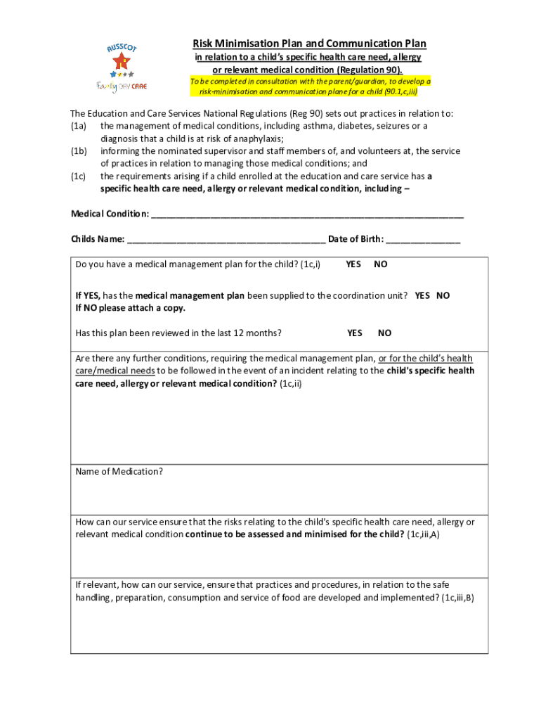 Fillable Online Risk Minimisation and Communication Plan for Children ...