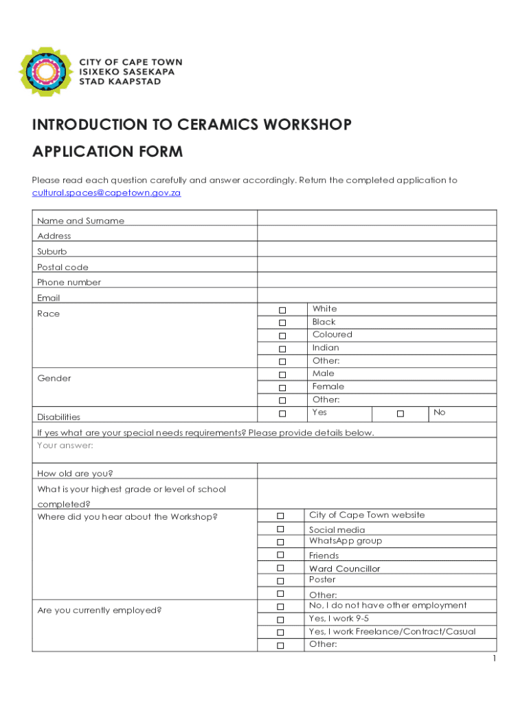 Fillable Online Introduction to Ceramics Workshop Application Fax Email ...
