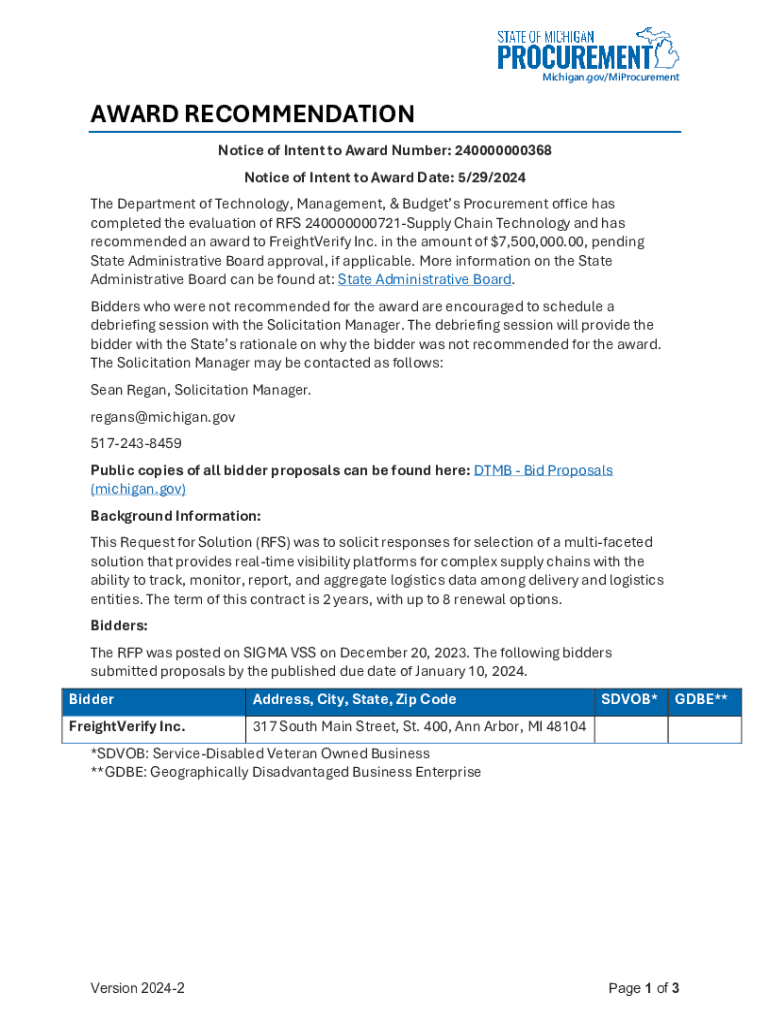 Fillable Online Award Letter & Synopsis. Award Letter and Recommendation of Award and Evaluation ...