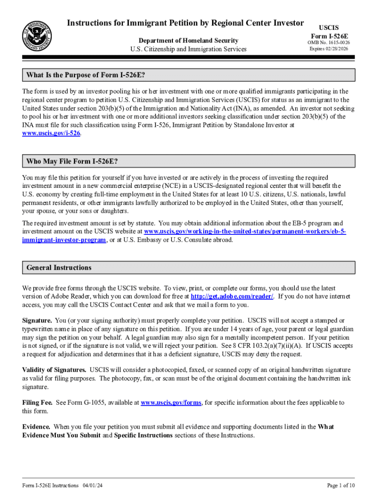 Fillable Online Form I-526, Instructions for Immigrant Petition by ...