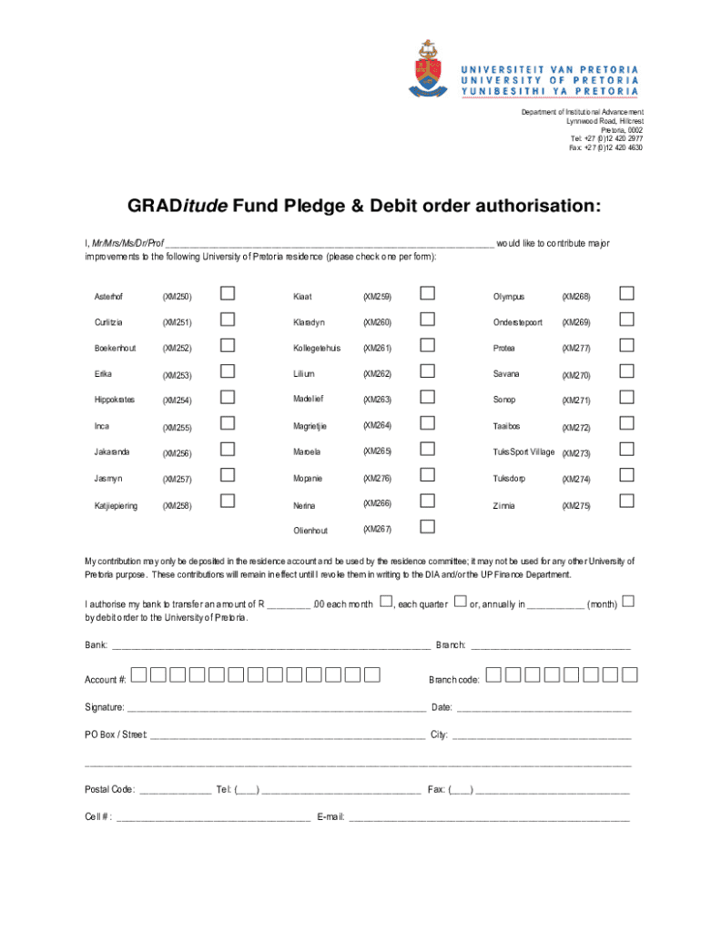 Fillable Online Pledge and Debit Order Authorization for University of ...