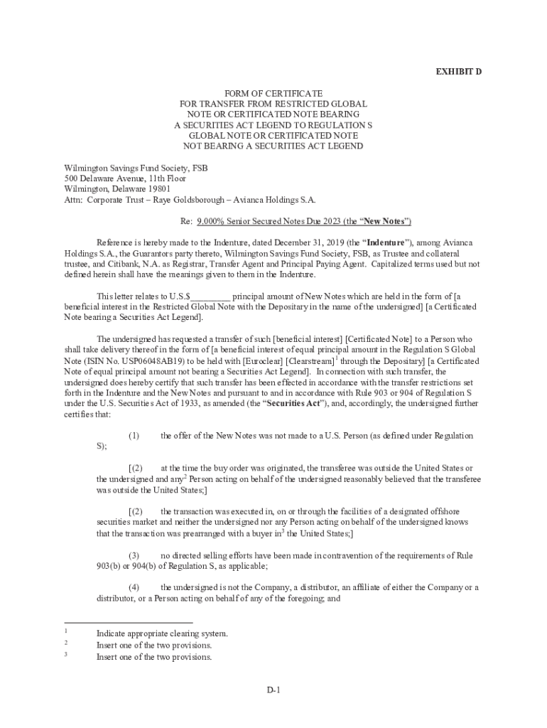 Fillable Online D-1 EXHIBIT D FORM OF CERTIFICATE FOR TRANSFER FROM ...