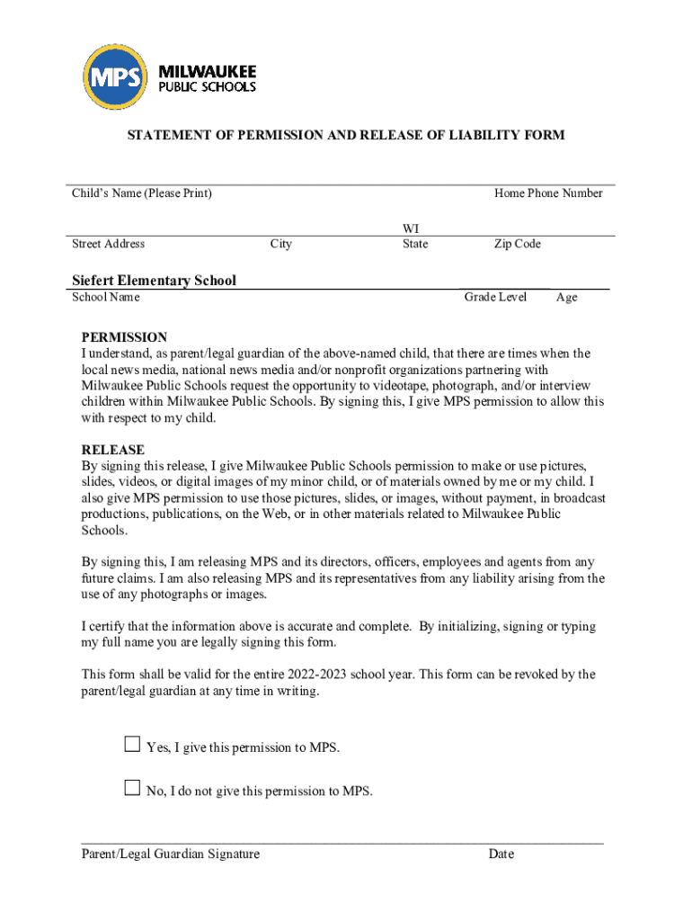 Fillable Online Permission and Liability Release for Milwaukee Public ...
