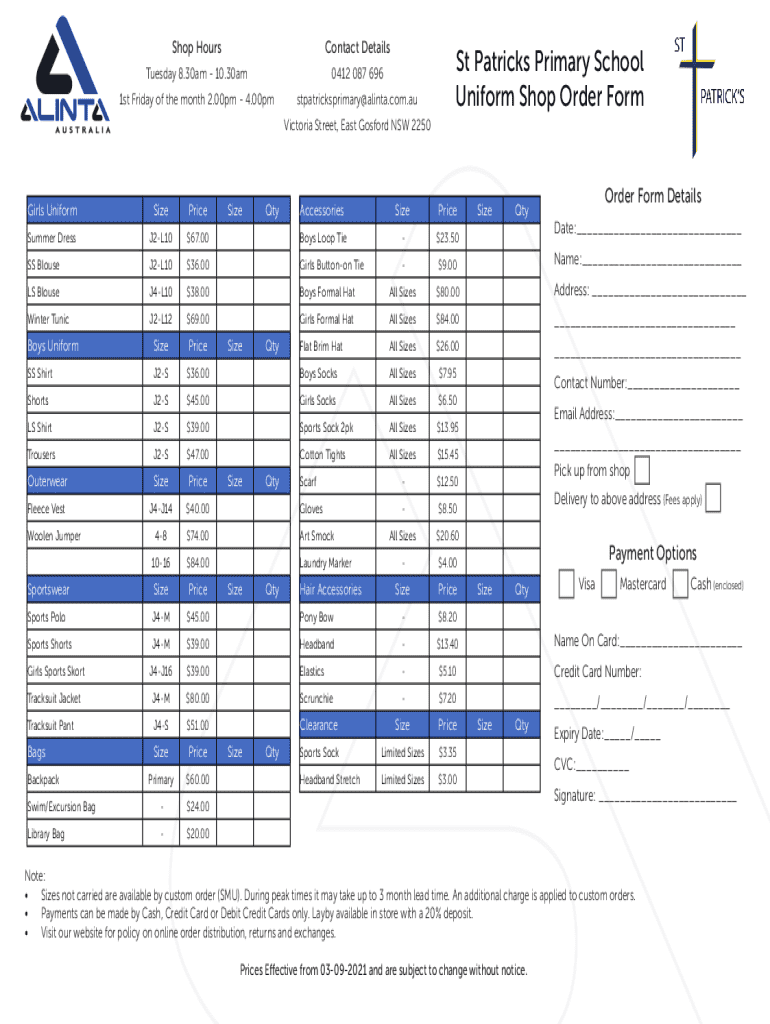 Fillable Online St Patricks Primary School Uniform Shop Order Form Fax Email Print - pdfFiller