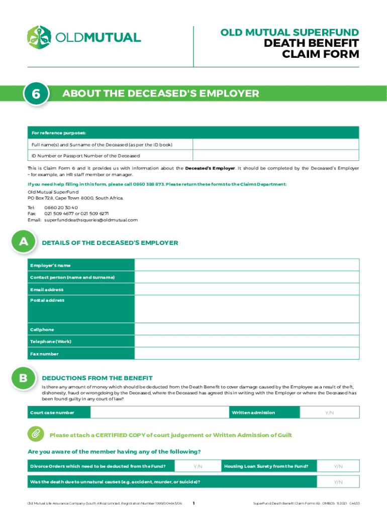 Fillable Online Fillable Online old mutual superfund death claim form ...