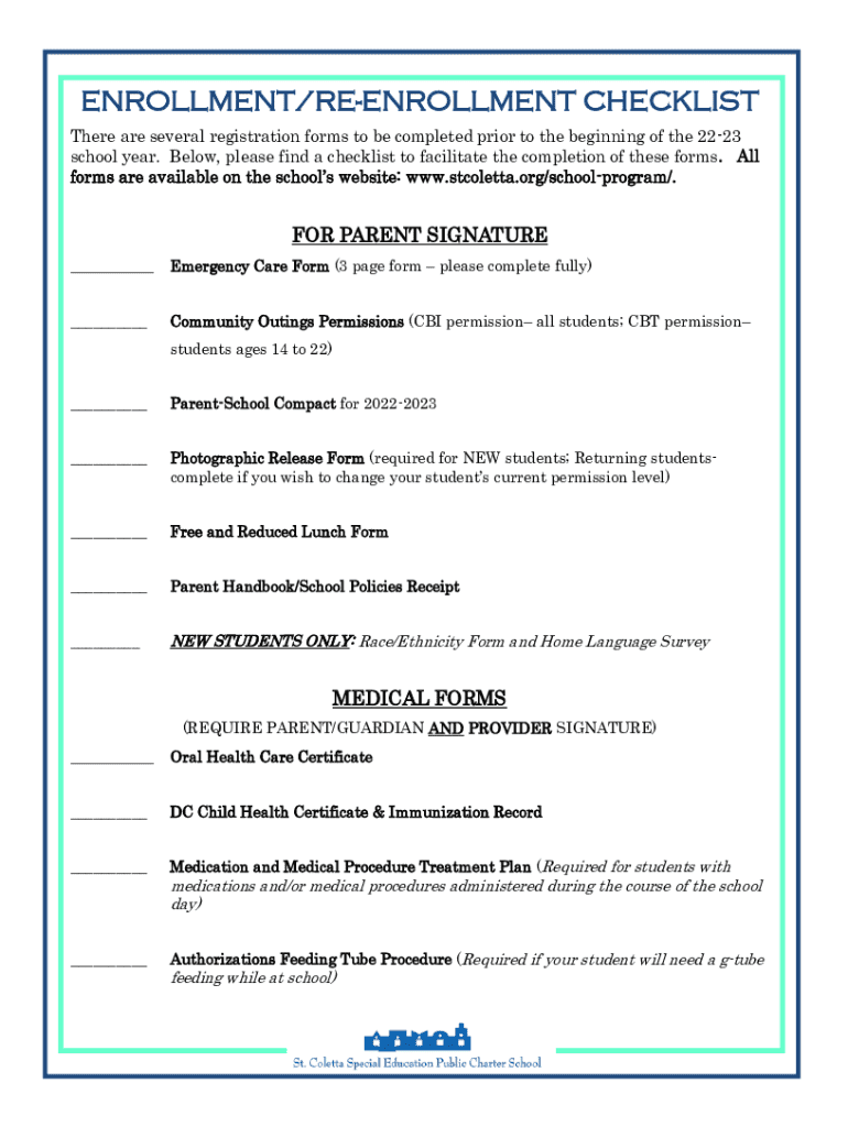 Fillable Online Enrollment/re-enrollment Checklist for 2022-2023 School ...