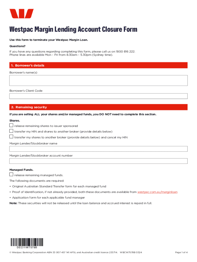 Fillable Online Westpac Margin Lending Account Closure Fax Email Print ...