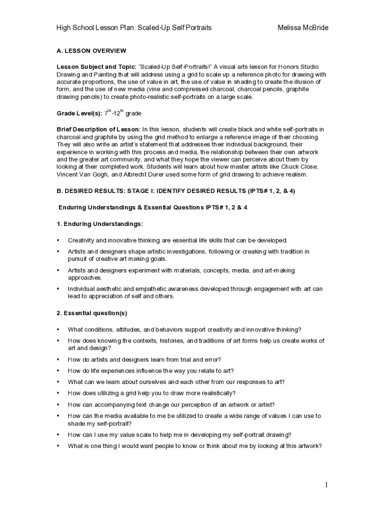 Fillable Online Scaled-up Self-portraits Lesson Plan Fax Email Print ...