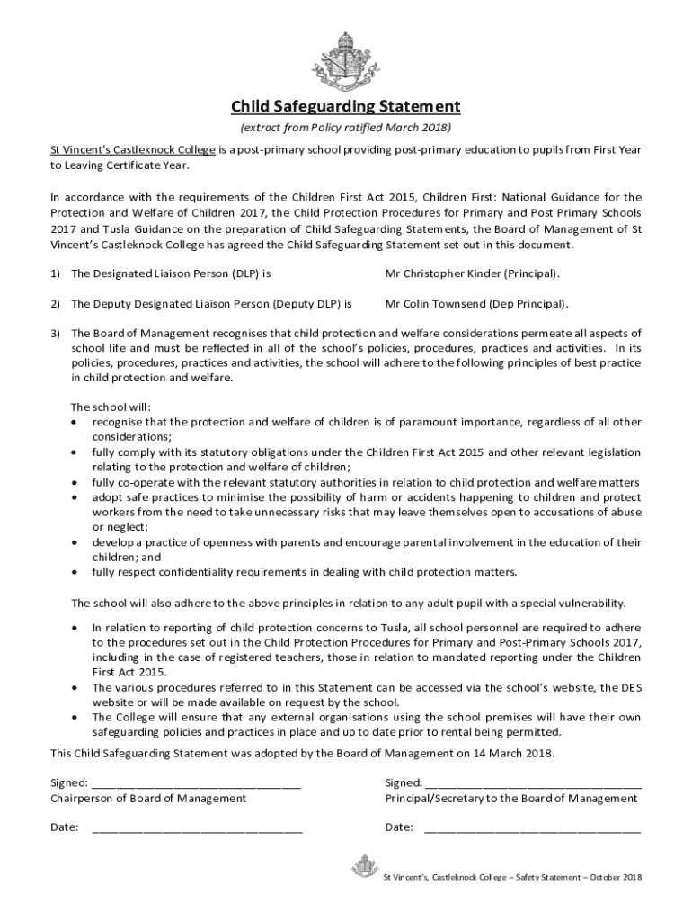 Fillable Online Child Safeguarding Statement - St Vincents Primary School Fax Email Print ...