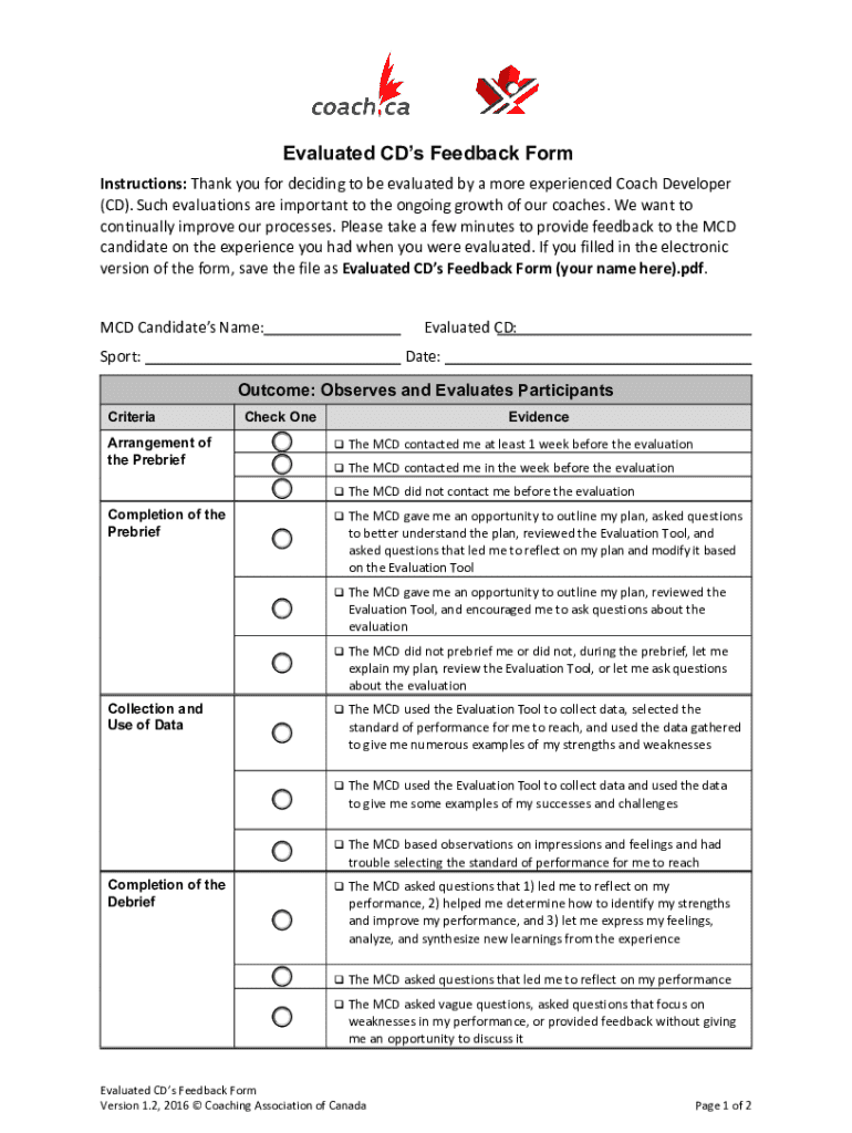 Fillable Online Coaching Tool Kit: Feedback form Evaluation form Fax Email Print - pdfFiller