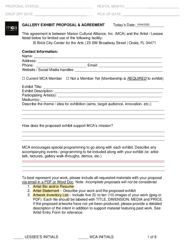Fillable Online Gallery Exhibit Proposal & Agreement Fax Email Print ...