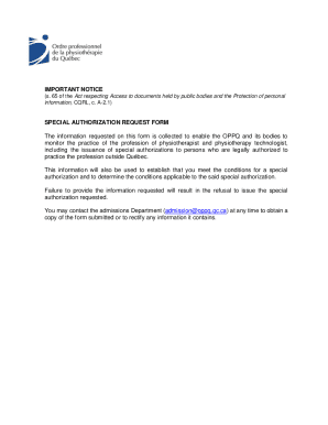 Fillable Online Application for Special Authorization for the Purpose ...