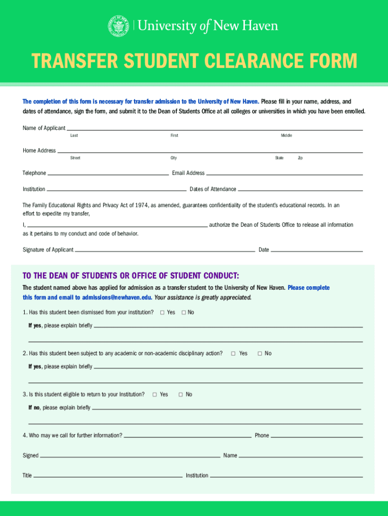Fillable Online Transfer Student Clearance for University of New Haven ...