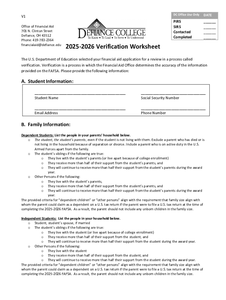 Fillable Online 2025-2026 Verification Worksheet Fax Email Print - pdfFiller