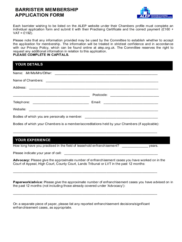 Fillable Online Barrister Membership Application to Alep Fax Email ...
