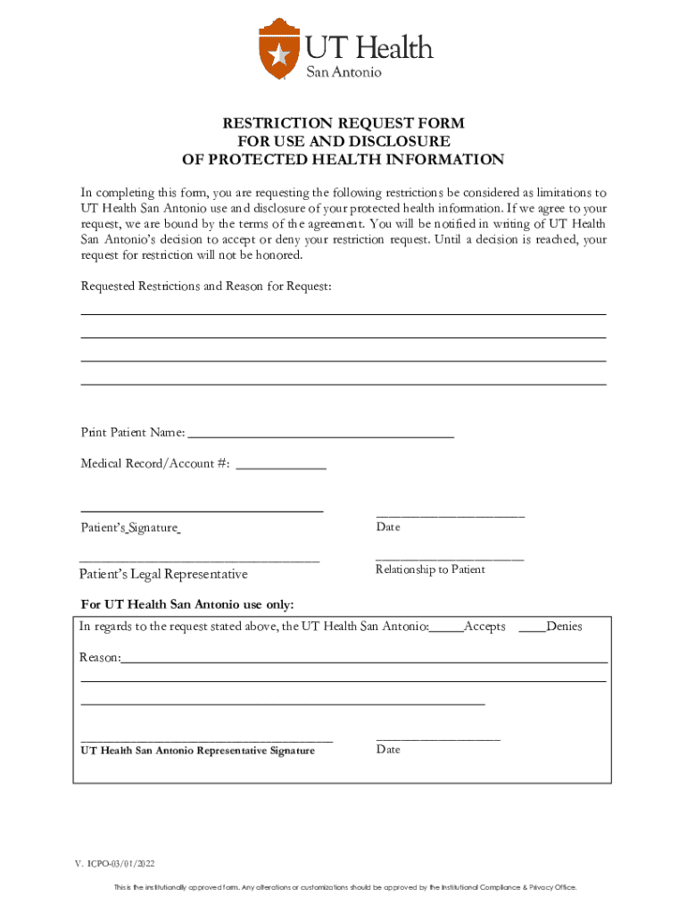 Fillable Online Restriction Request Form for Use and Disclosure of ...