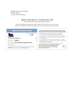 Fillable Online Dental Coverage Id Card From Standard Insurance Company ...