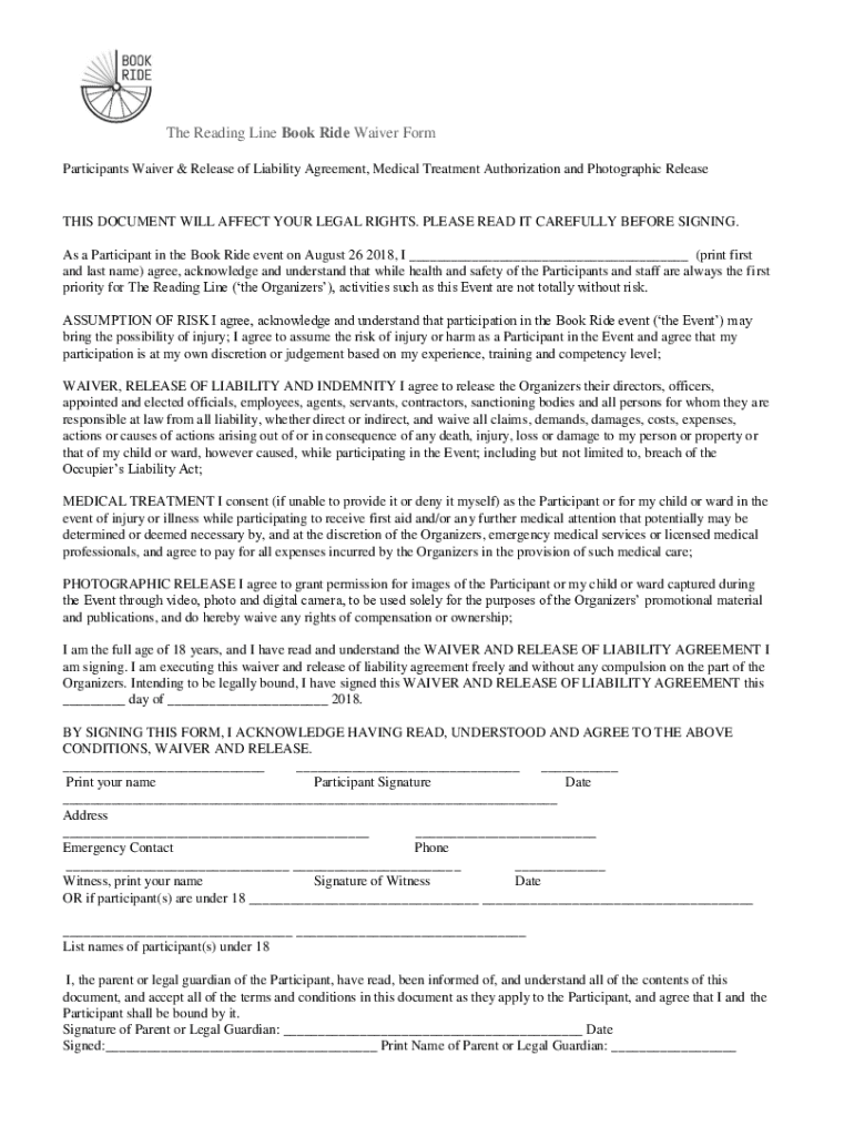 Fillable Online Participants Waiver & Release of Liability Agreement ...