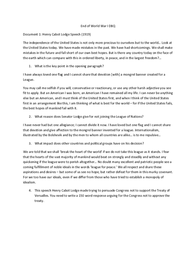 Fillable Online End of World War I Dbq Analysis Fax Email Print - pdfFiller
