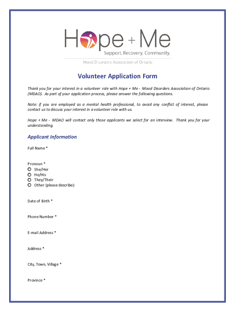 Fillable Online Hope + Me - Mdao Volunteer Application Fax Email Print ...